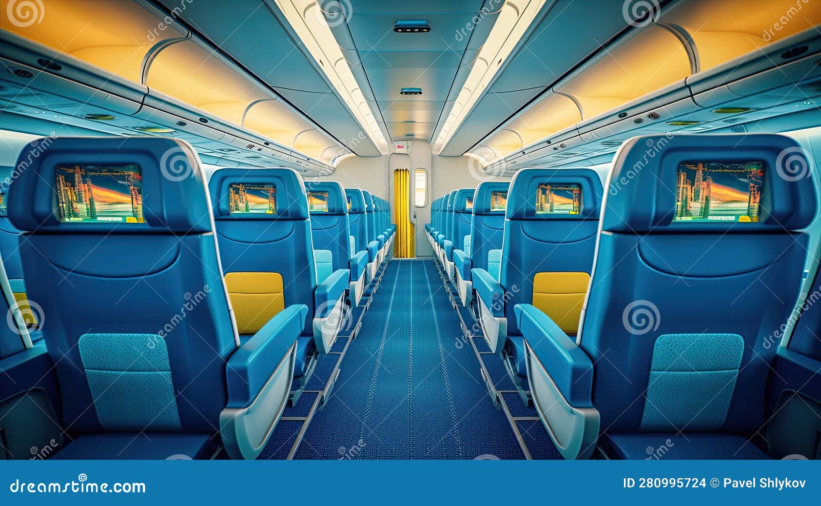 Interior of Empty Modern Aircraft with Blue Flight Seats and Hallway in ...
