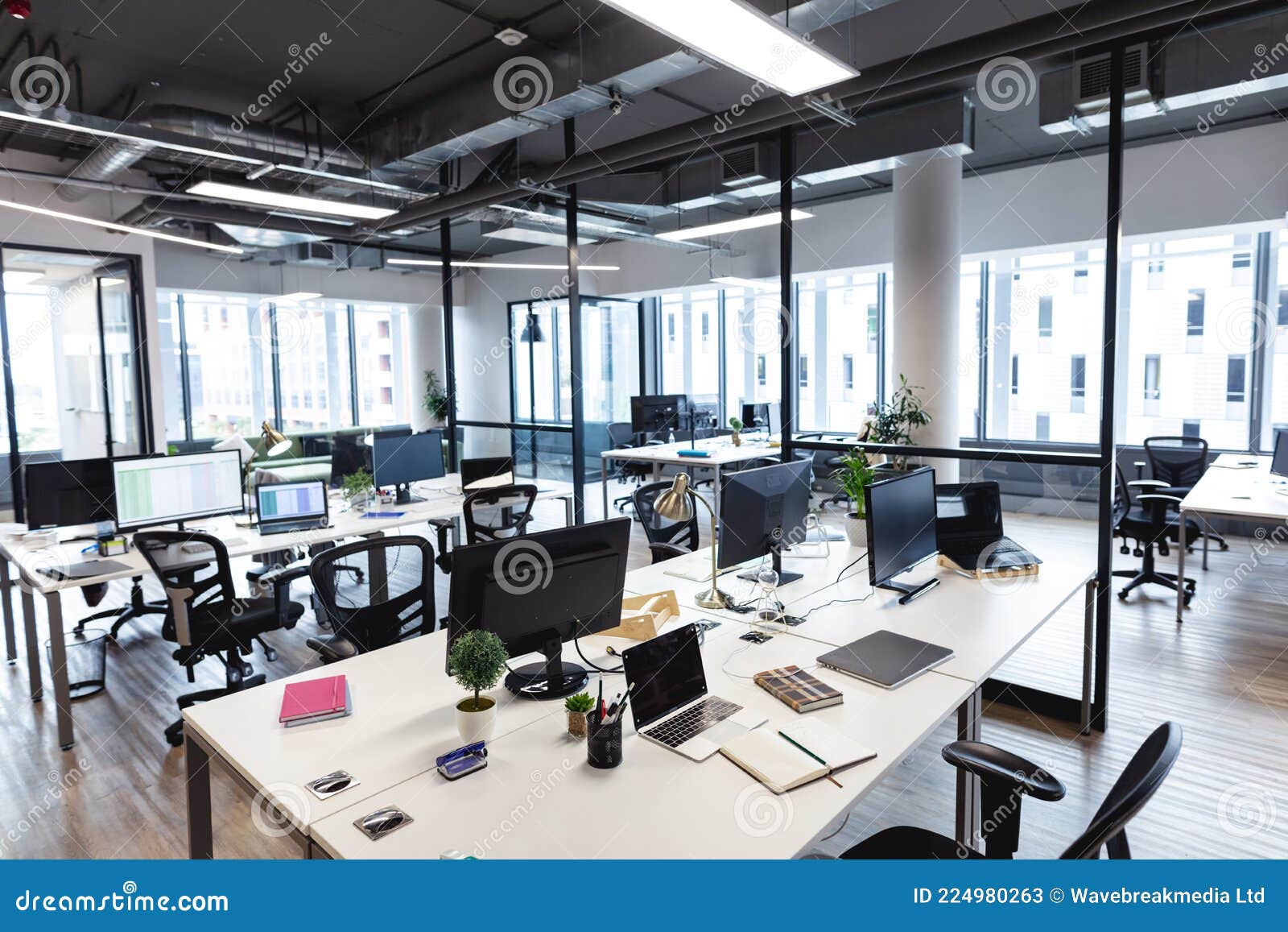 Interior of Empty Modern Office with Desks and Computers Stock Image ...