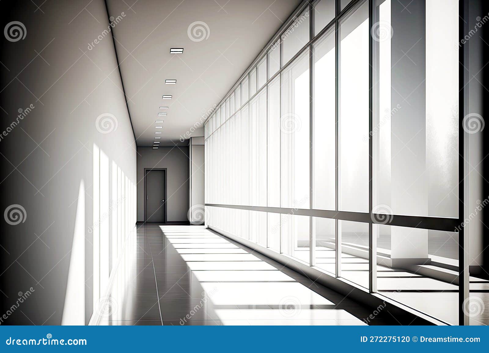 Interior of Empty Office Corridor with Full-wall Windows in Minimalist ...