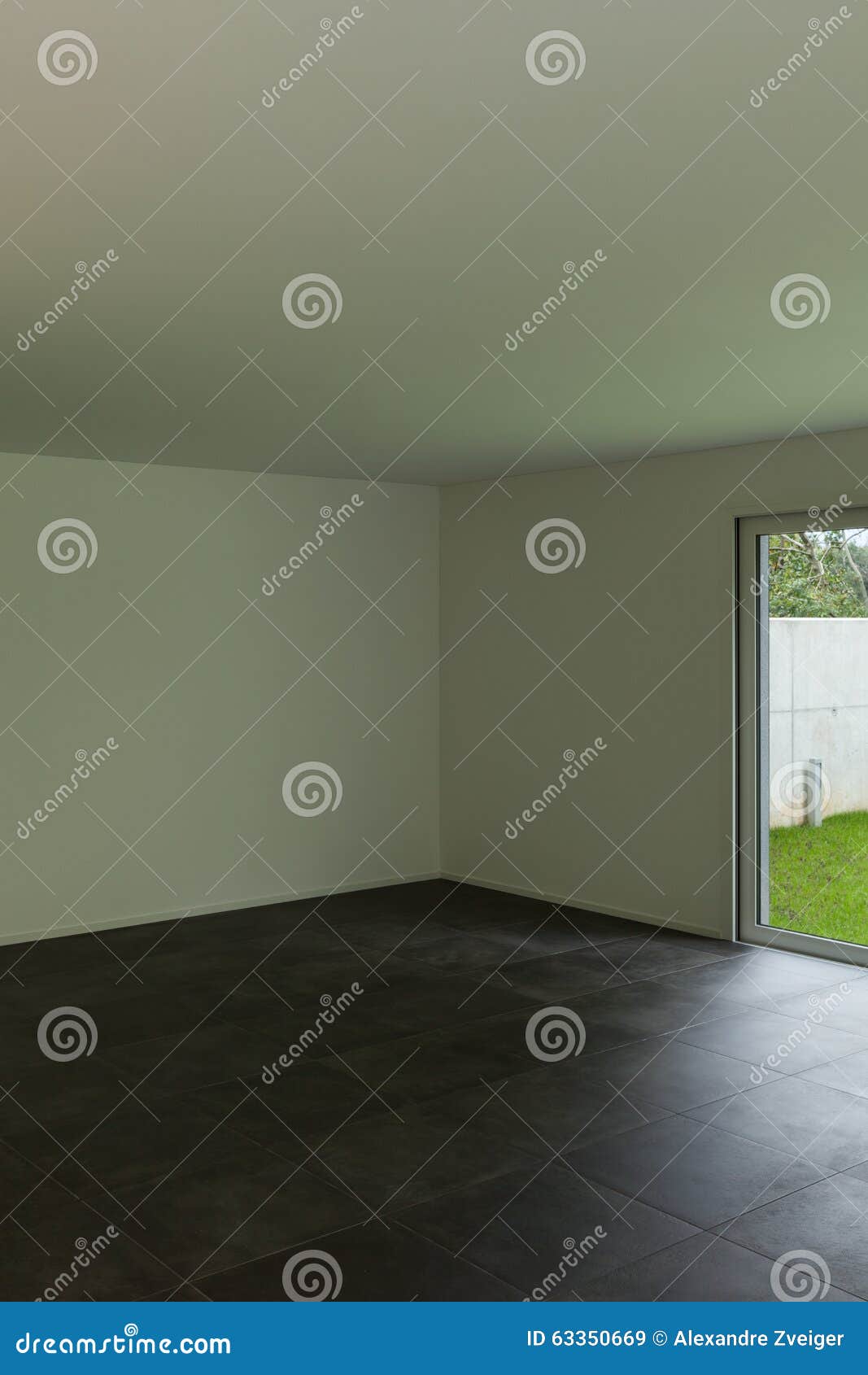 Interior, Empty Room with Black Floor Stock Image - Image of ceiling ...
