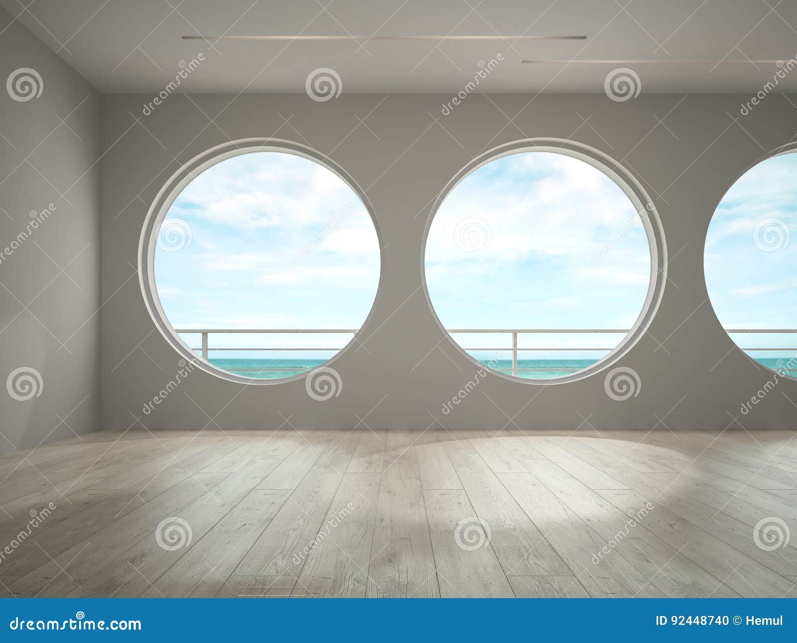 Interior of Empty Room with Sea View 3D Rendering Stock Photo - Image ...