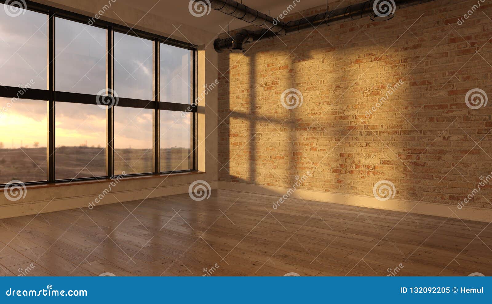 Interior Empty Room Sunset 3D Rendering Stock Image - Image of ...