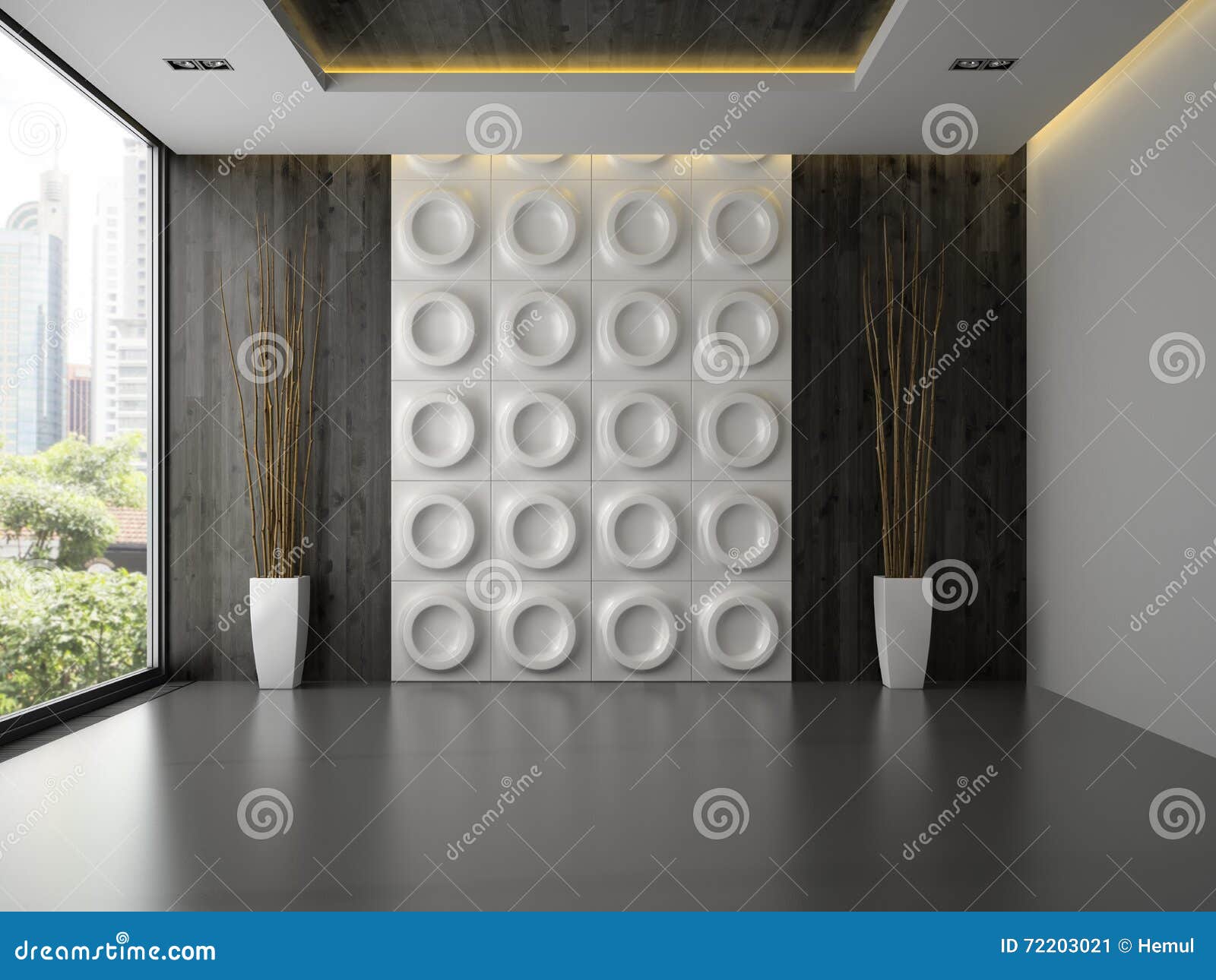 Interior of Empty Room with Wall Panel and Branches 3D Rendering Stock ...