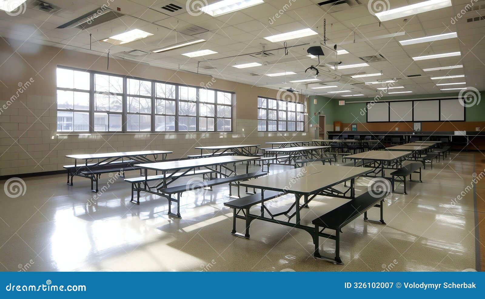 Empty School Cafeteria. Tables in Buffet Stock Image - Image of light ...