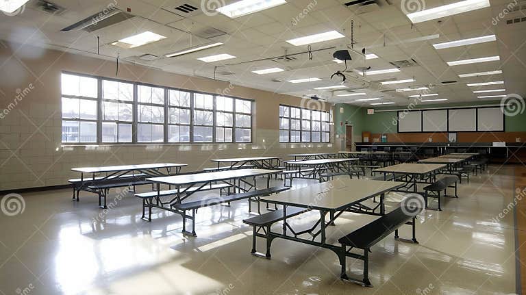 Empty School Cafeteria. Tables in Buffet Stock Image - Image of light ...