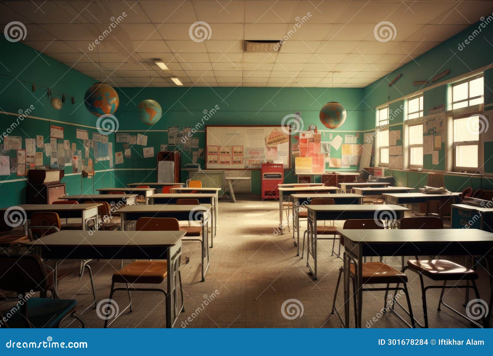 Interior of an Empty School Classroom with a Lot of Desks and Chairs, a ...