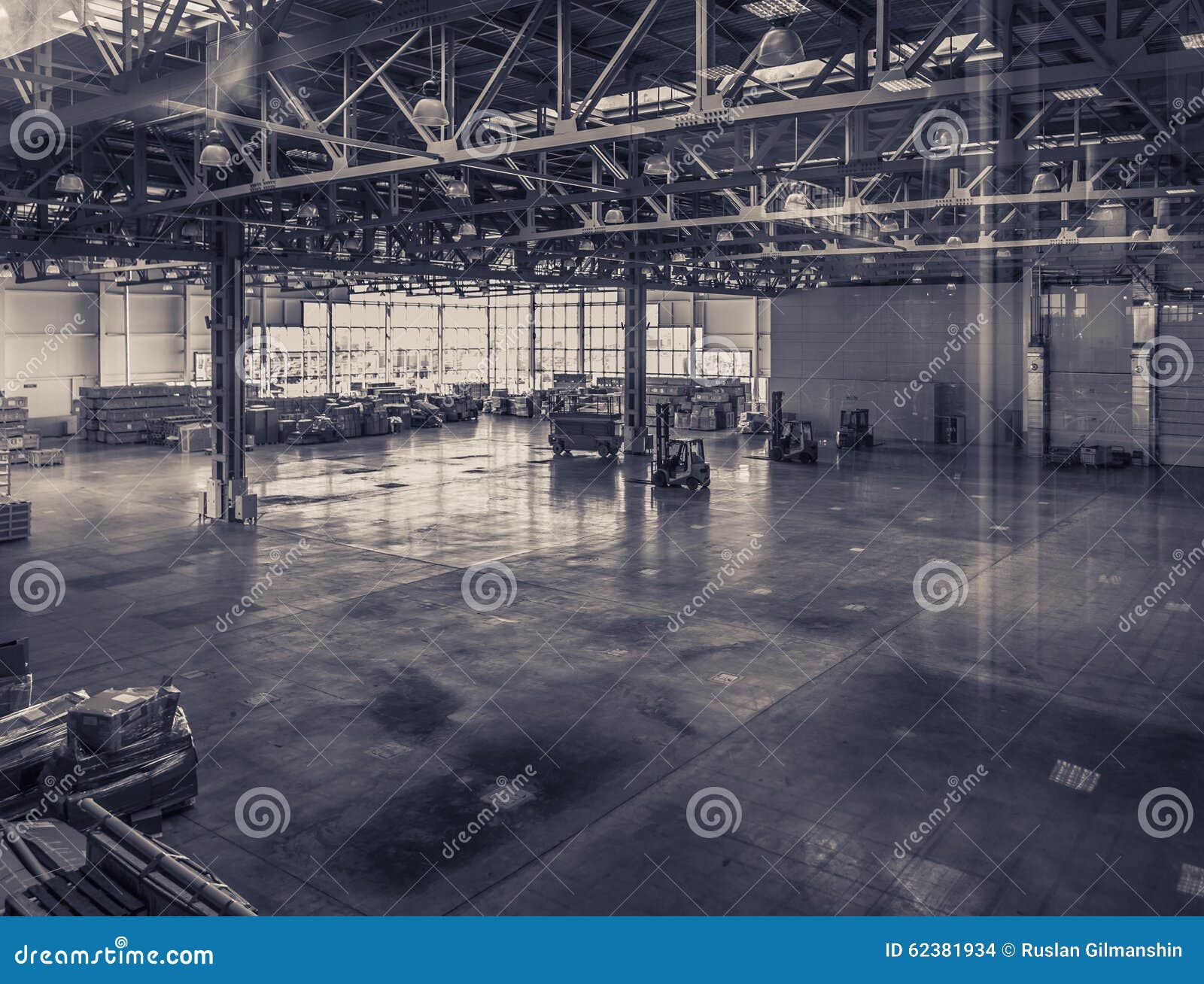 Interior of an Empty Warehouse with Glass Wall Stock Photo - Image of ...