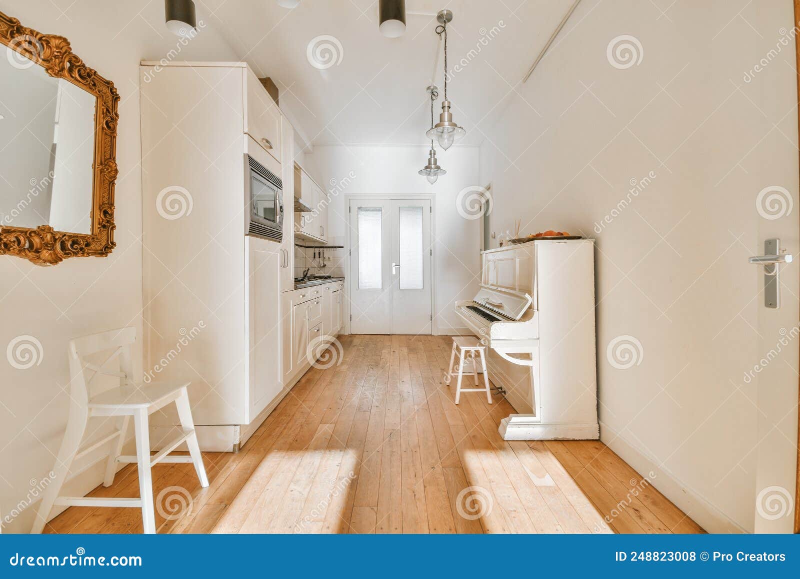 Spacious Bright White Kitchen with Corridor Stock Photo - Image of ...