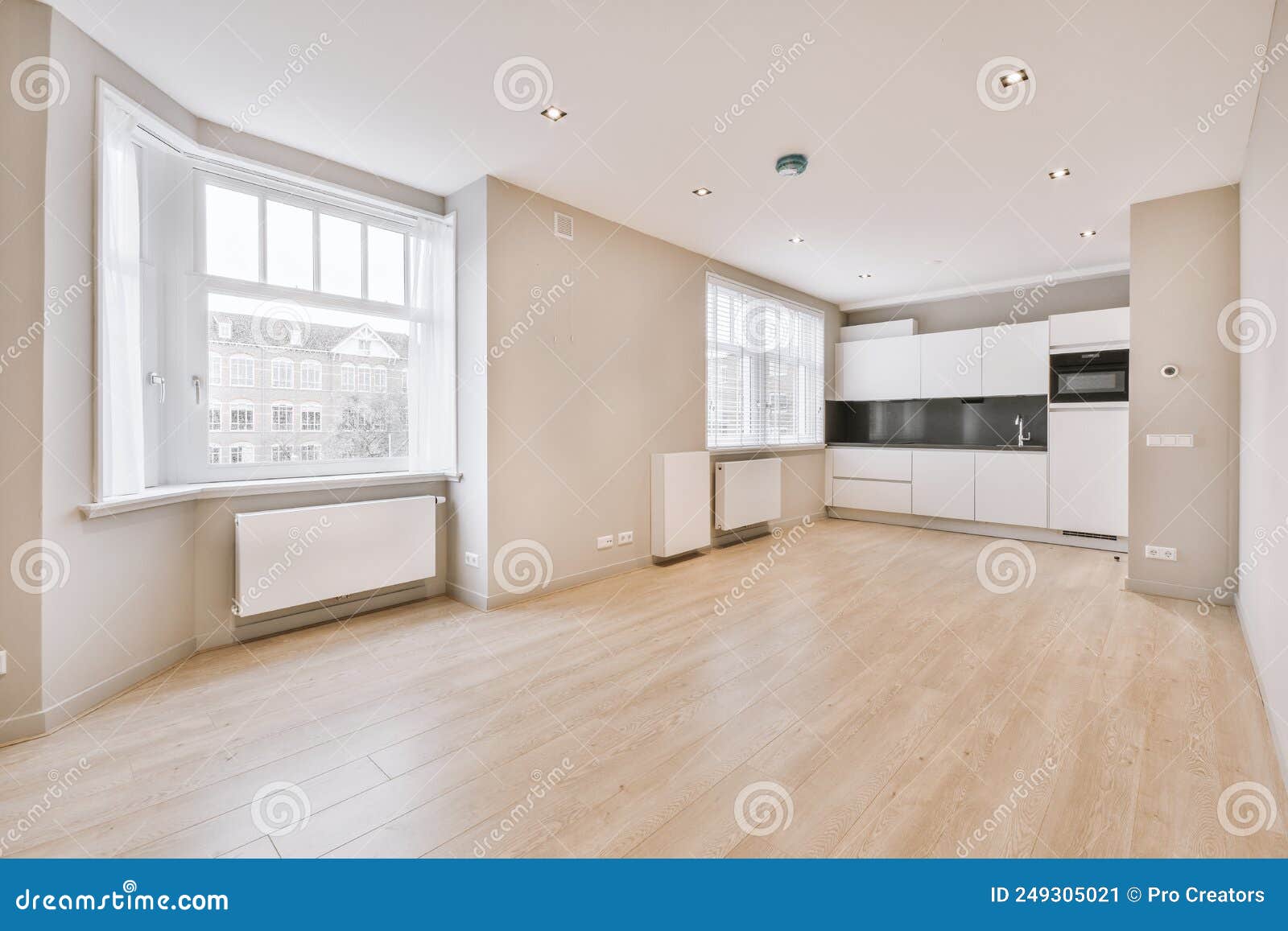 Spacious Bright White Kitchen with Windows Stock Image - Image of ...