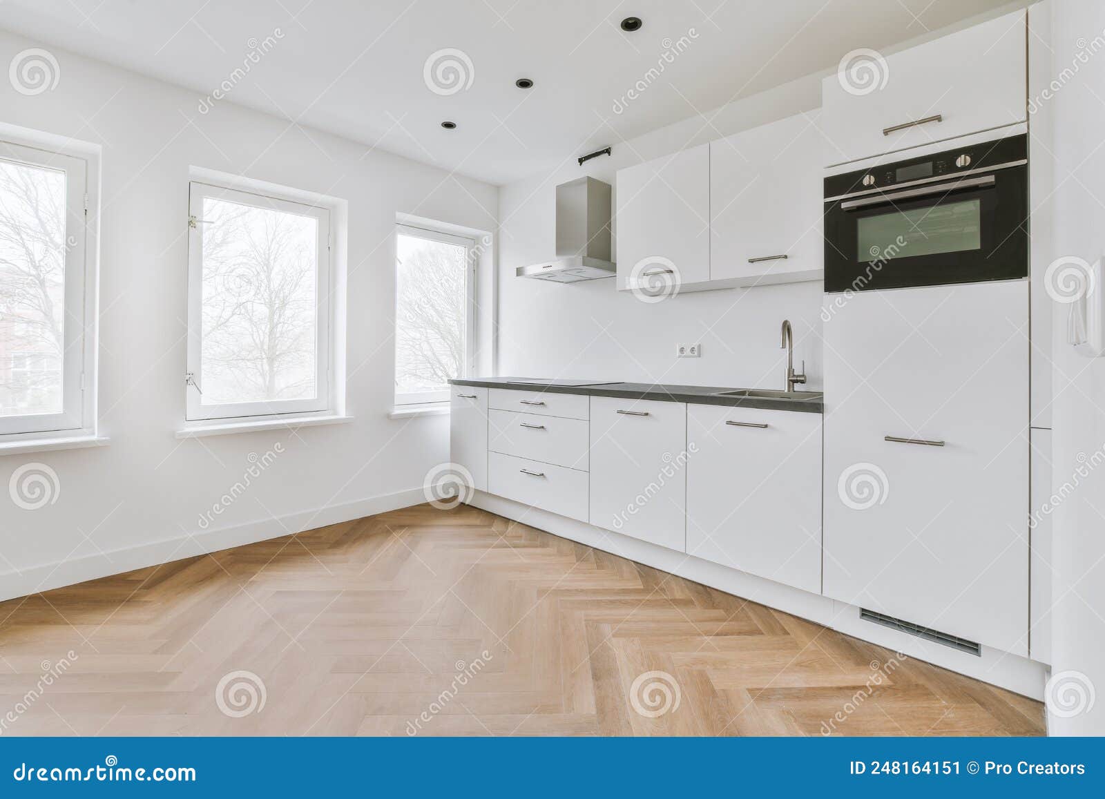 Spacious Bright White Kitchen with Windows Stock Image - Image of style ...