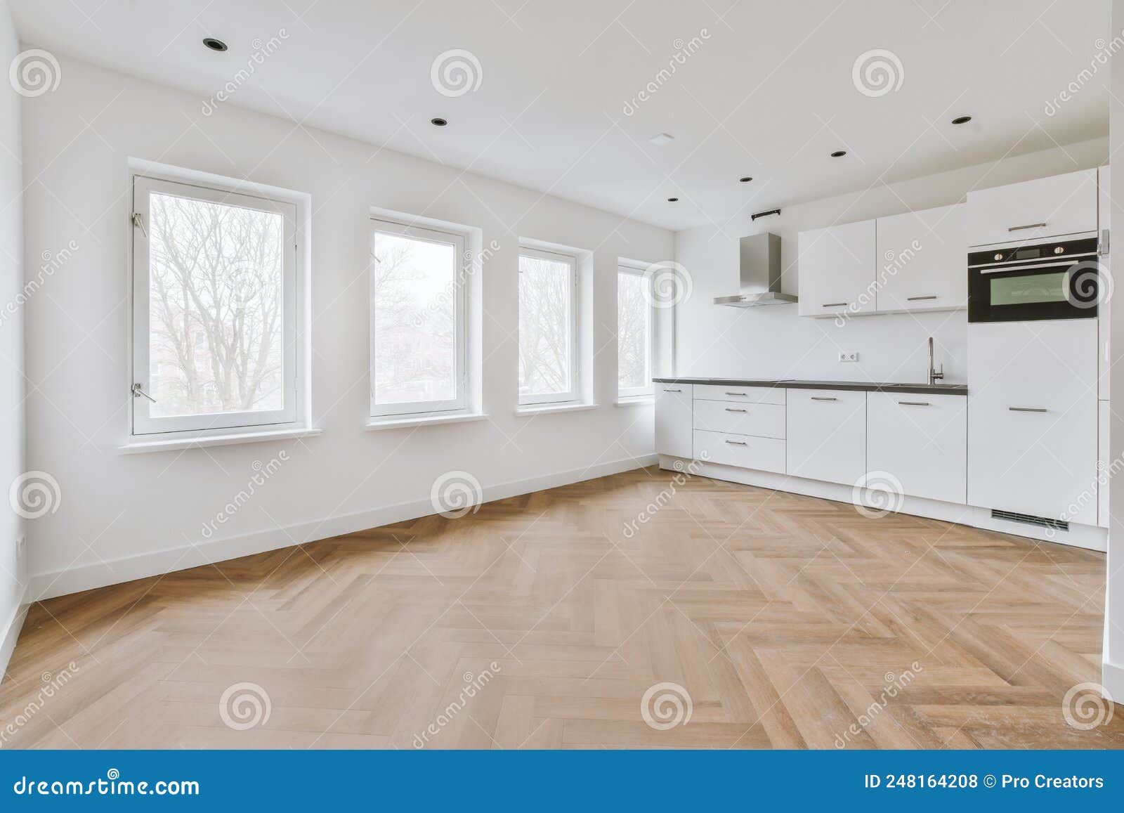 Spacious Bright White Kitchen with Windows Stock Photo - Image of ...