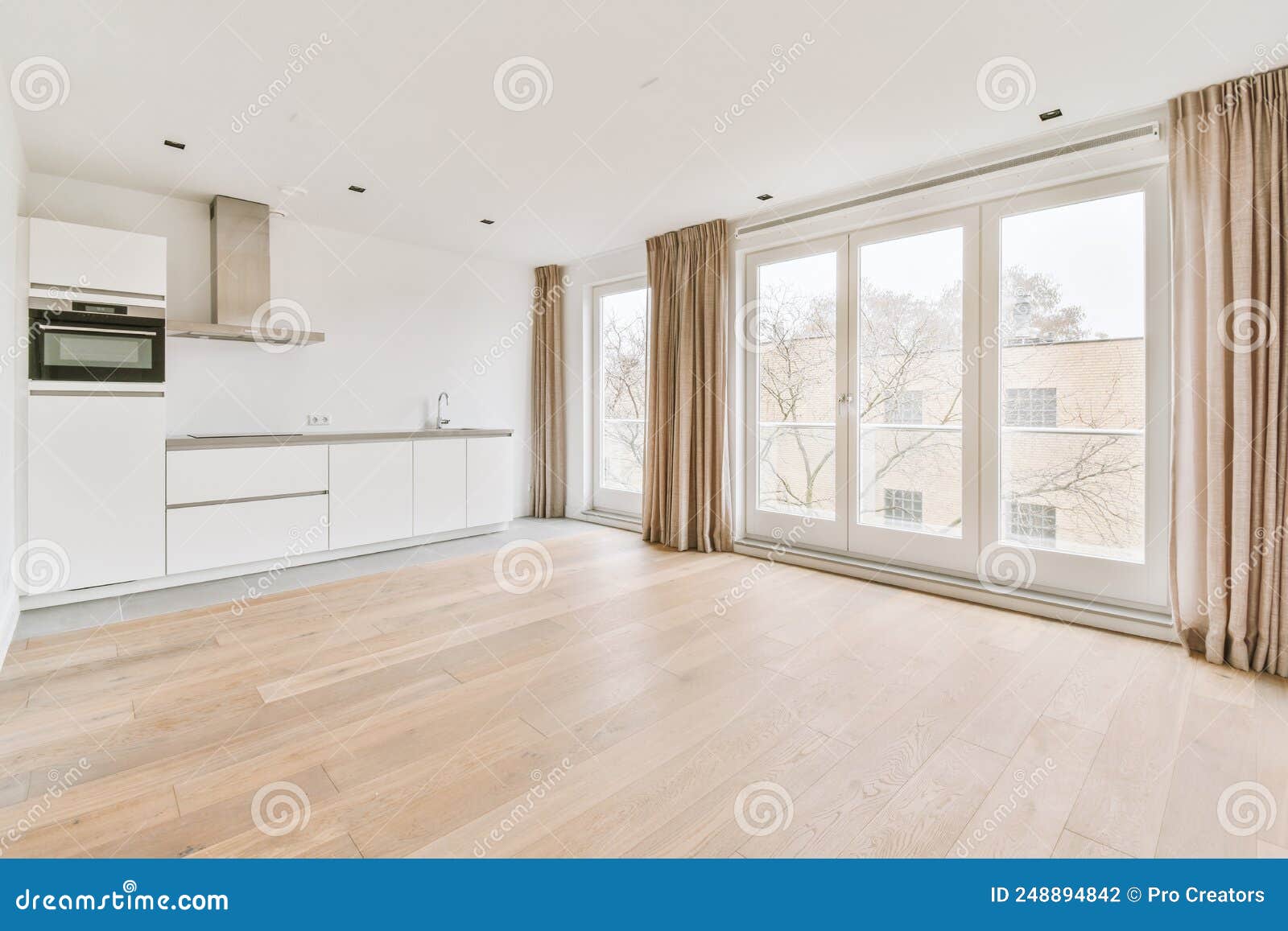 Spacious Bright White Kitchen with Windows Stock Photo - Image of ...