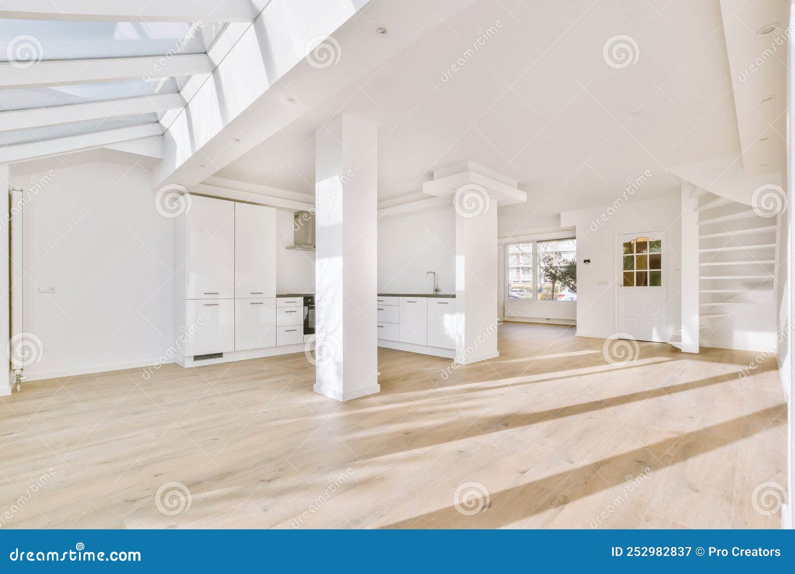 Spacious Bright White Kitchen with Windows Stock Image - Image of ...