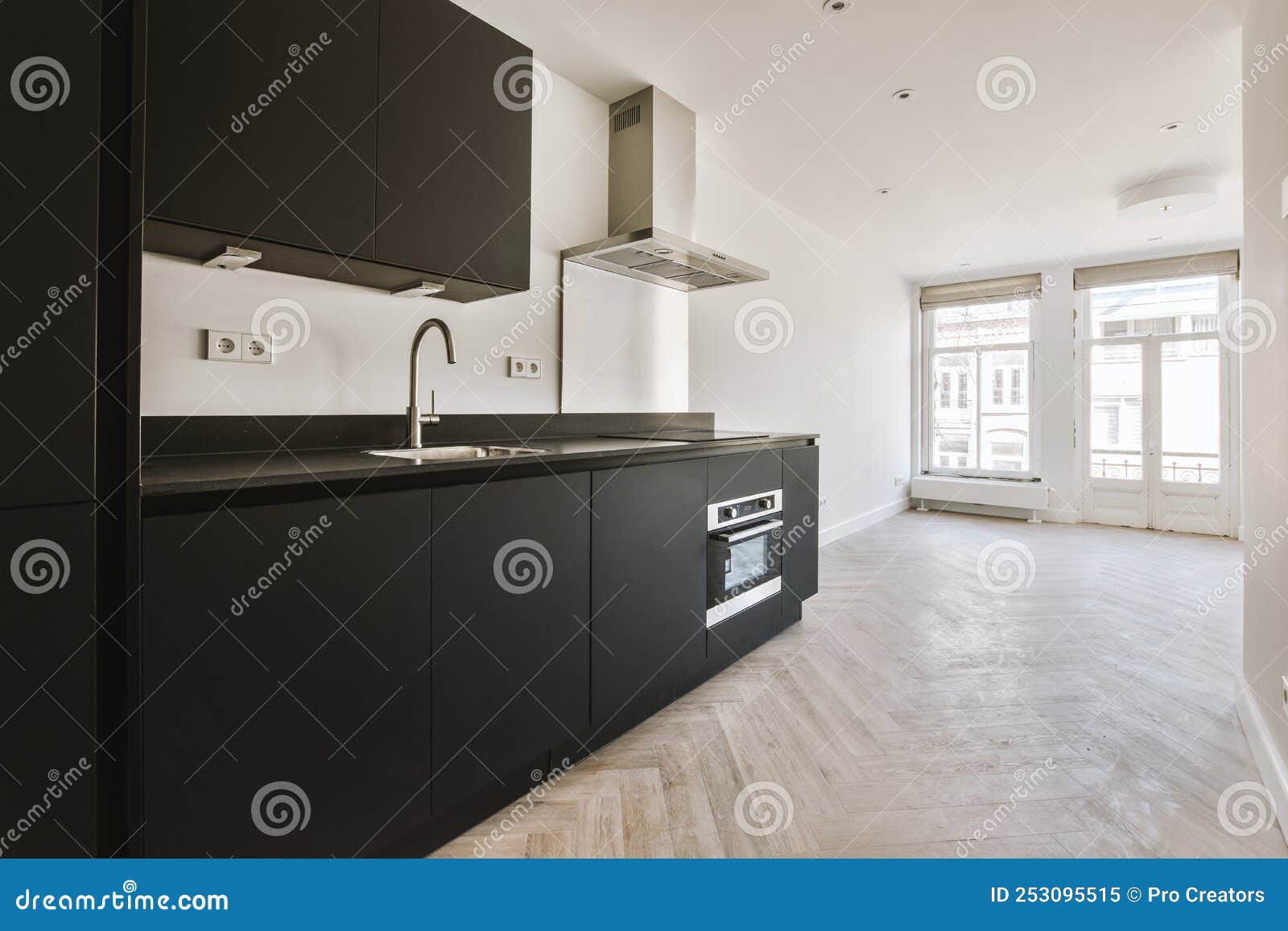 Spacious Bright White Kitchen with Windows Stock Image - Image of ...