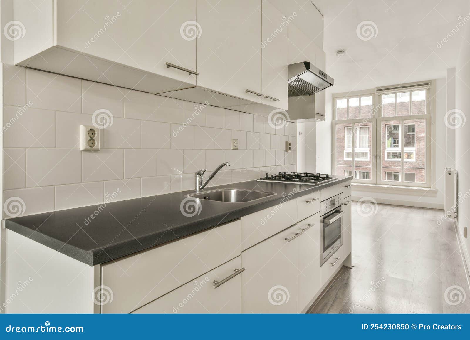 Spacious Bright White Kitchen with Windows Stock Photo - Image of ...