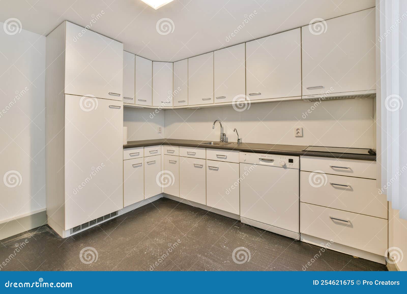 Spacious Bright White Kitchen with Windows Stock Image - Image of ...