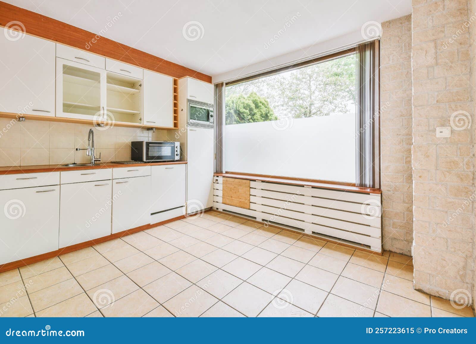 Spacious Bright White Kitchen with Windows Stock Image - Image of floor ...