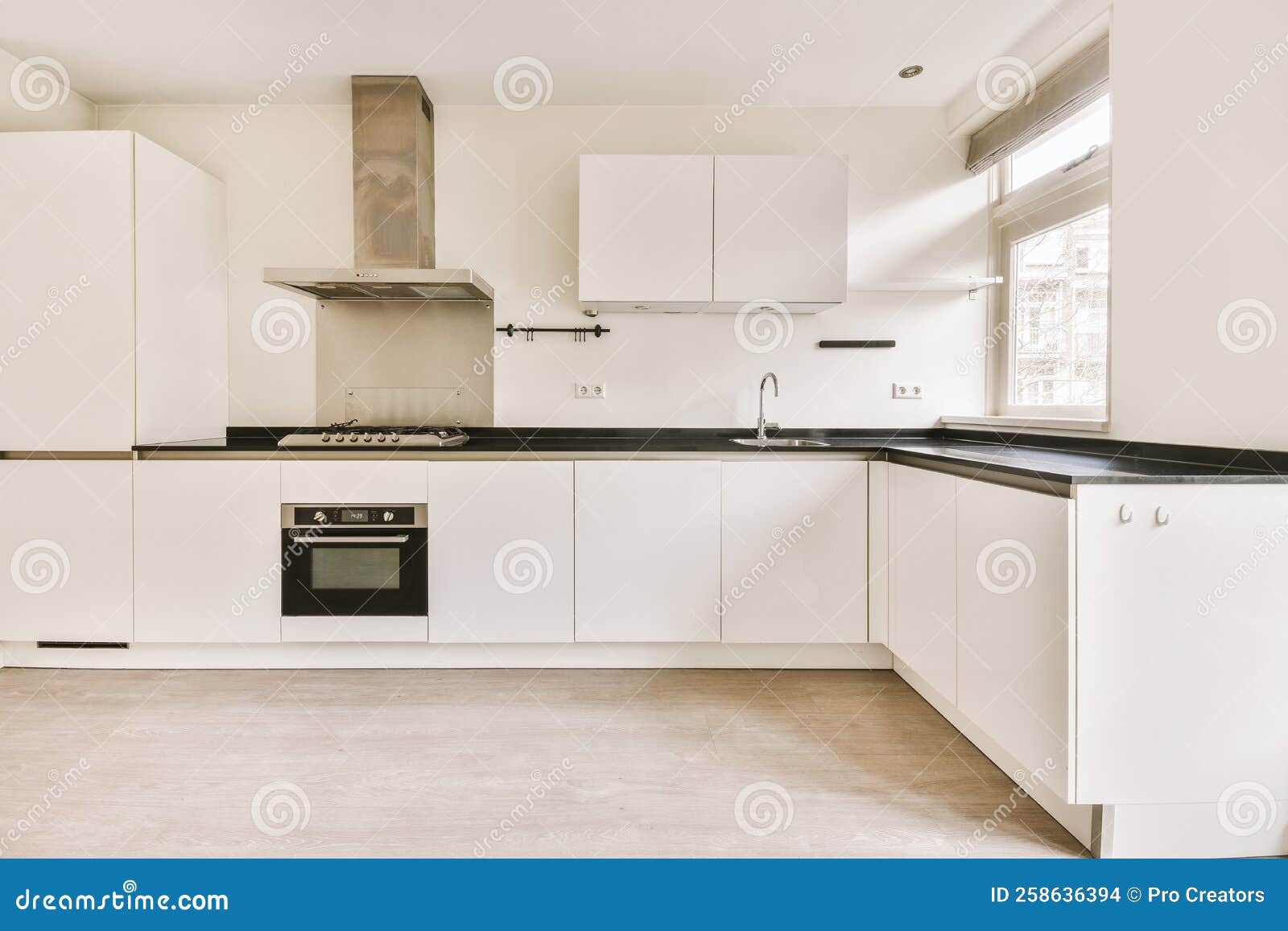 Spacious Bright White Kitchen with Windows Stock Photo - Image of oven ...