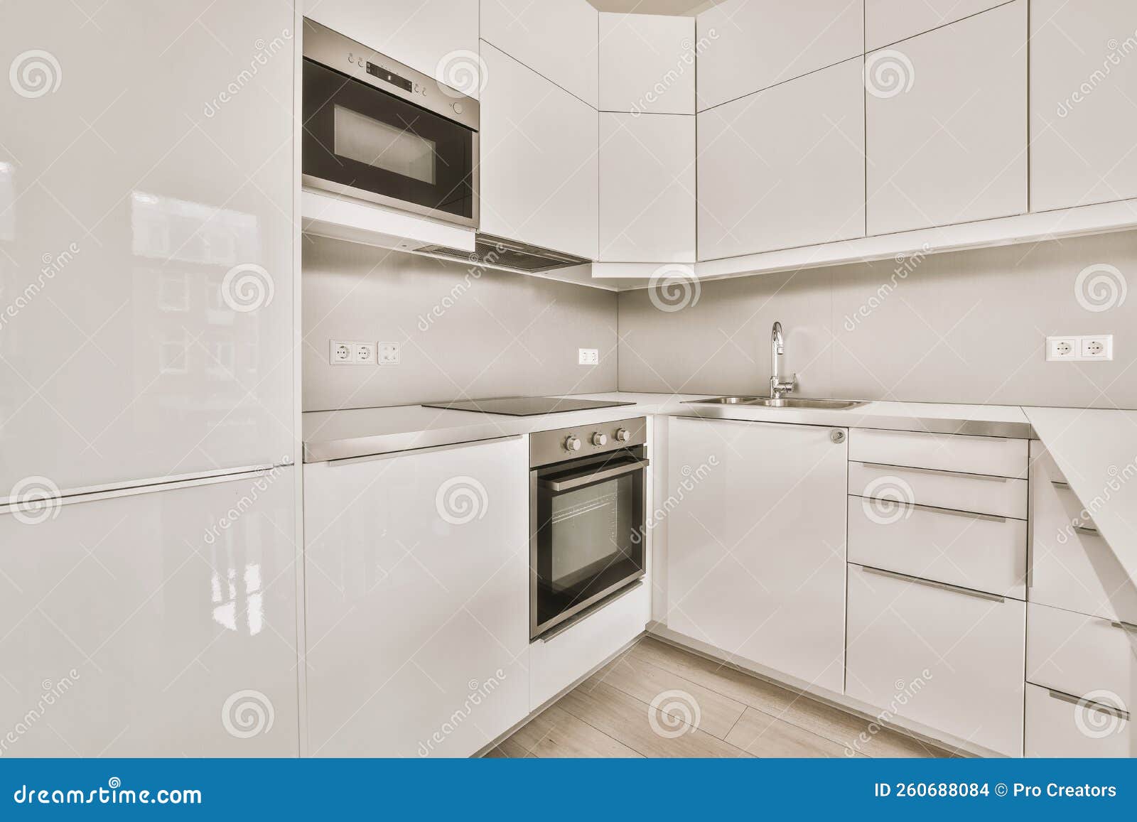 Spacious Bright White Kitchen with Windows Stock Photo - Image of lamp ...