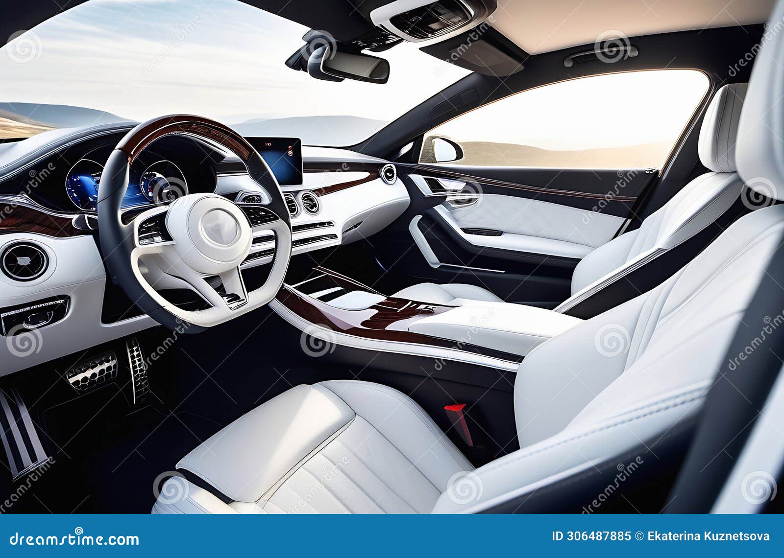 The Interior of an Expensive Car from the Inside. White Leather Seats ...