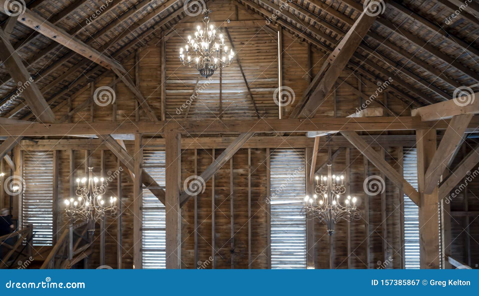 Interior of a Fancy Barn with Chandeliers and Windows Stock Image ...