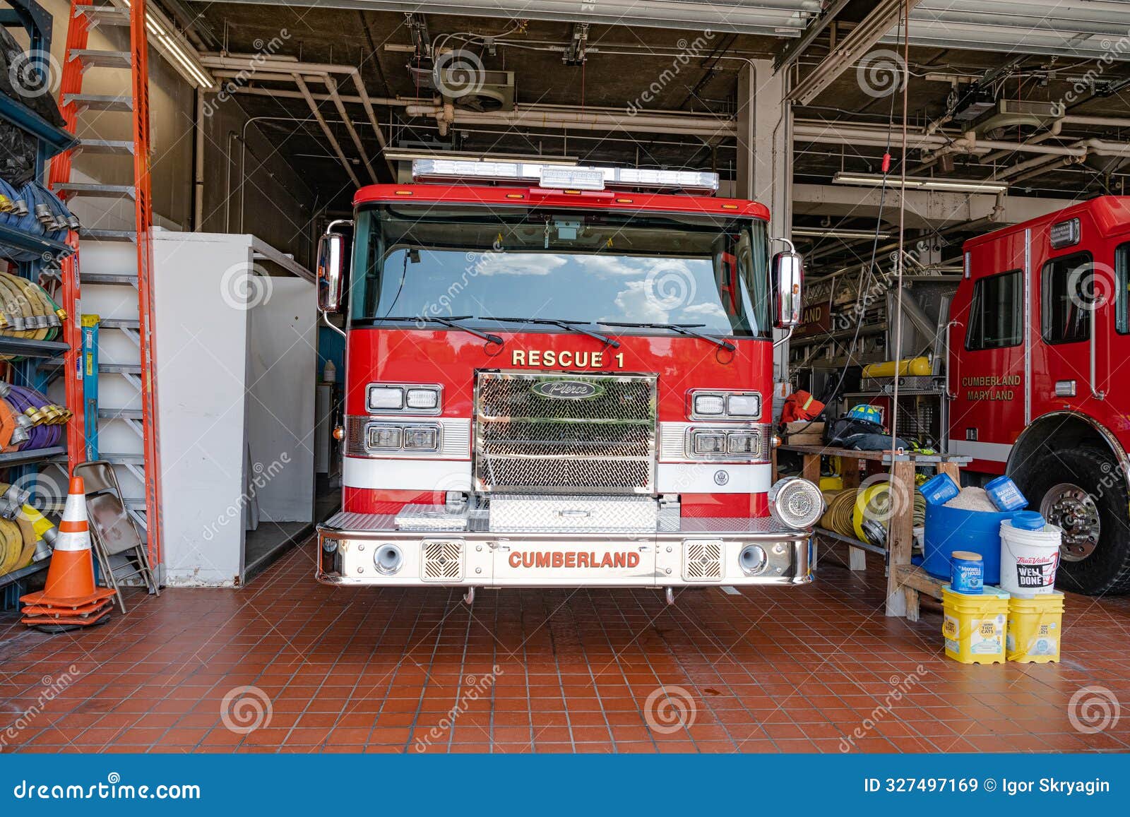 Interior of Fire Department Garage with Red Fire Trucks. Emergency ...
