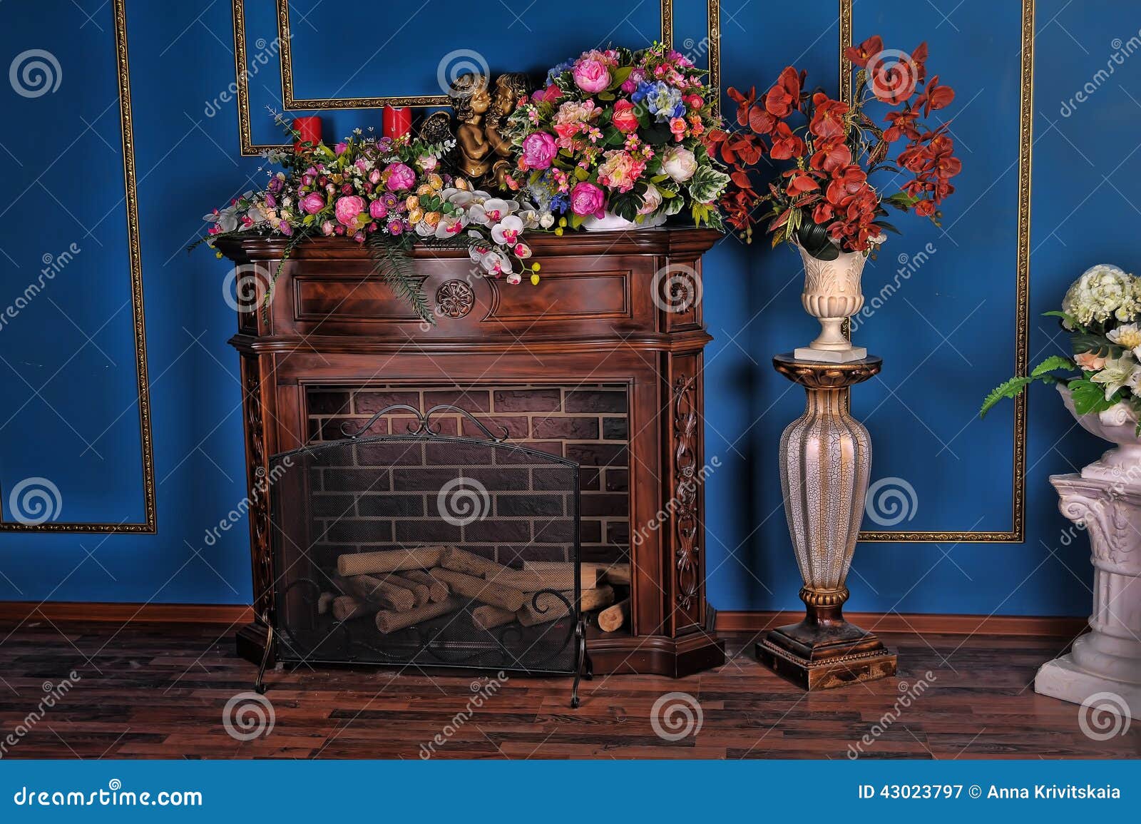 Interior with Fireplace and Flowers Stock Image - Image of guest ...