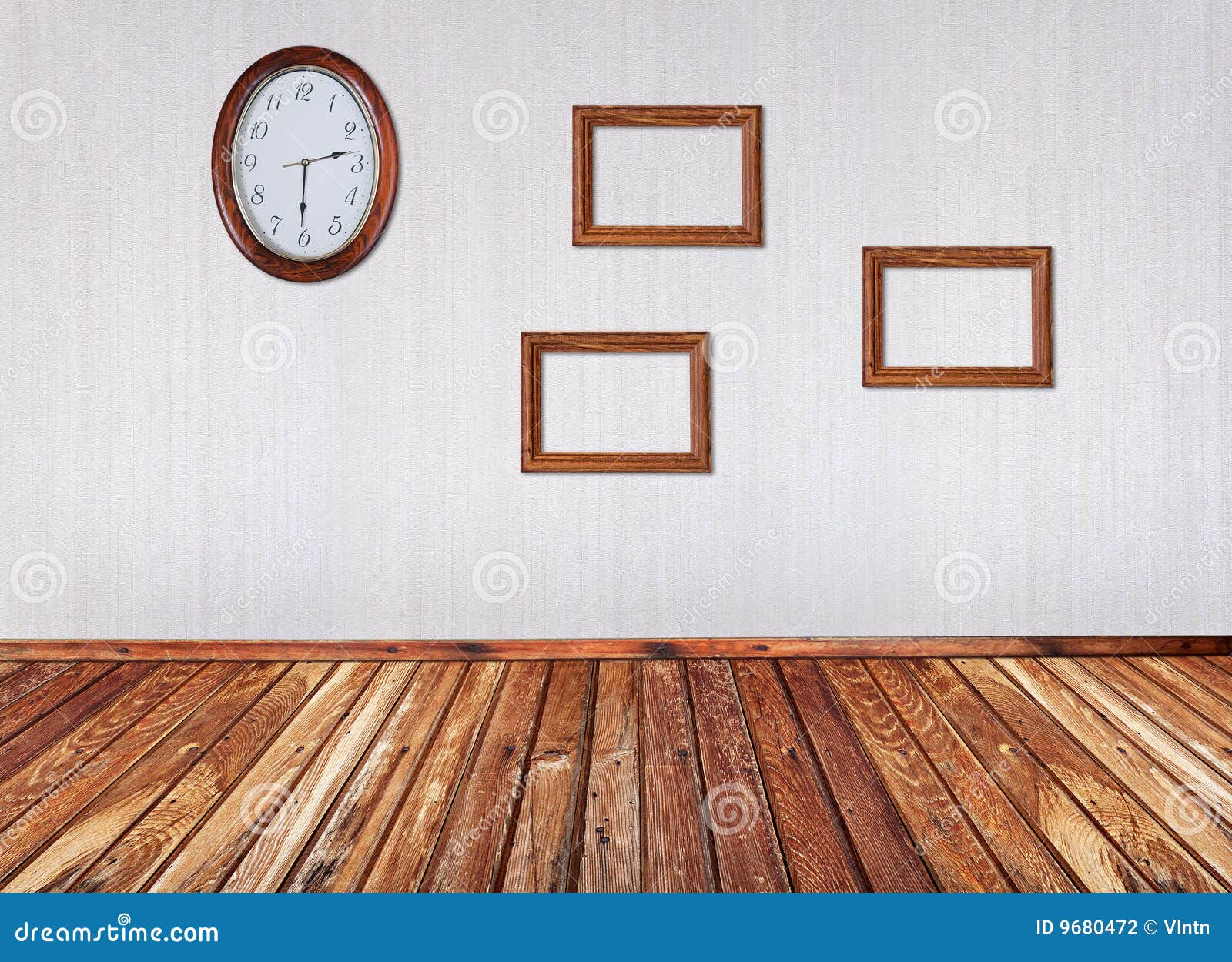 Interior with Frames and Clock Stock Photo - Image of circle, purity ...