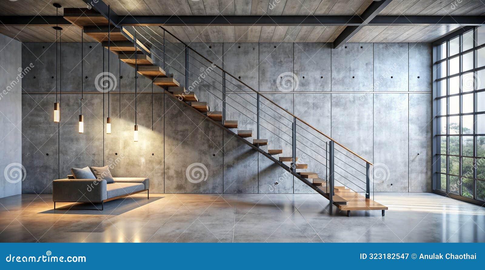 Interior Front Elevation View at the Black Steel Staircase and ...