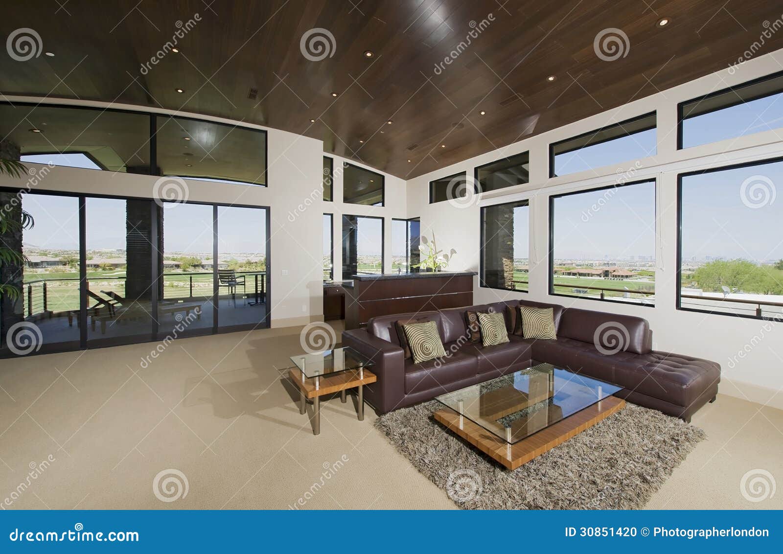 Interior with Furniture and Large Windows with Outside Views Stock ...