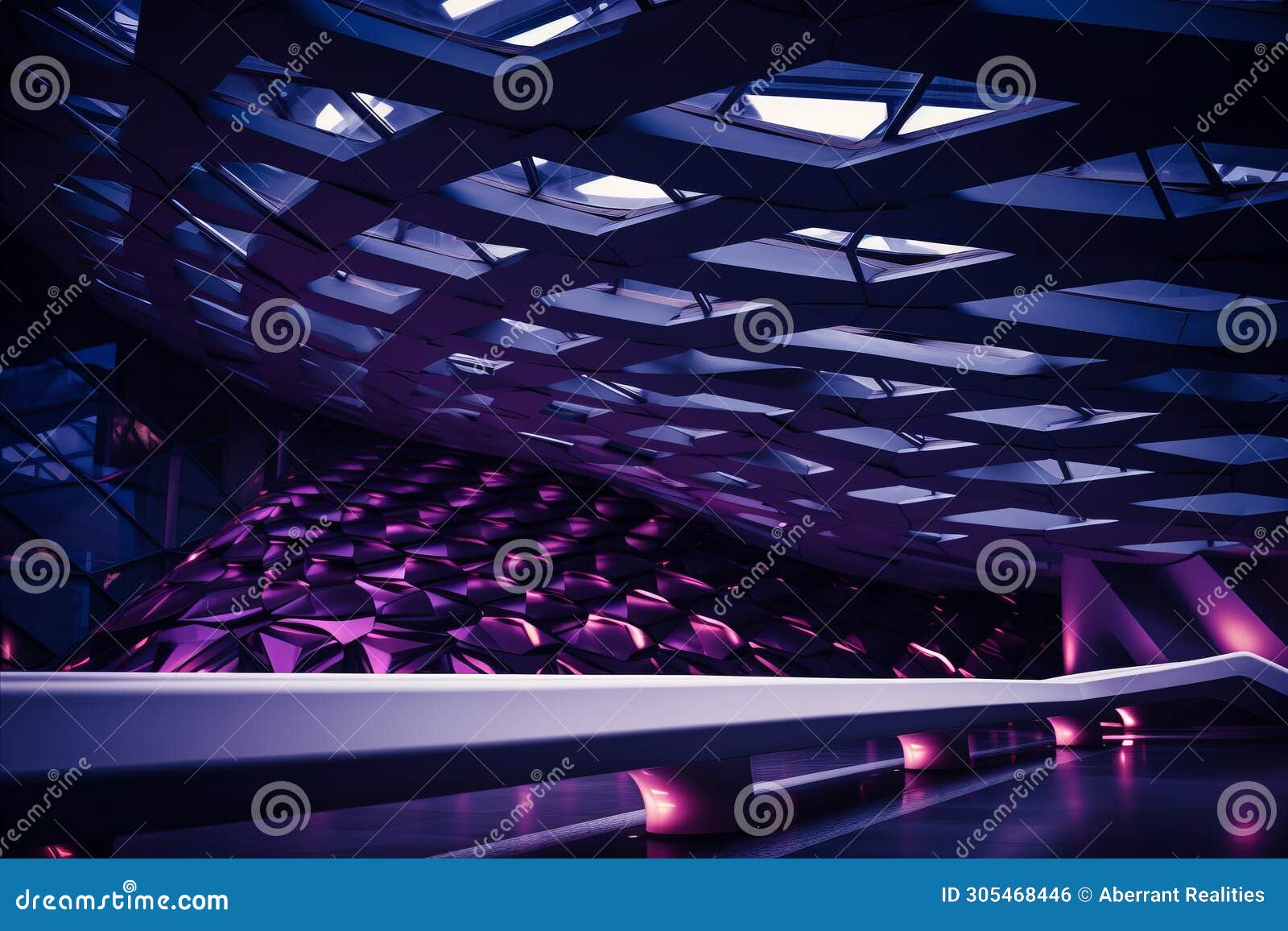 The Interior of a Futuristic Building with Purple Lights Stock ...