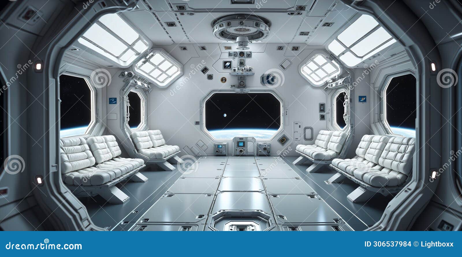 Interior of a Futuristic Spacestation Orbiting a Planet. Stock ...