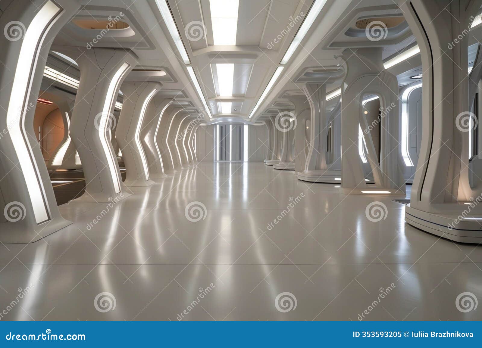 Interior of a Futuristic, White Sci-fi Ship Corridor with Rounded Pillars Stock Illustration ...