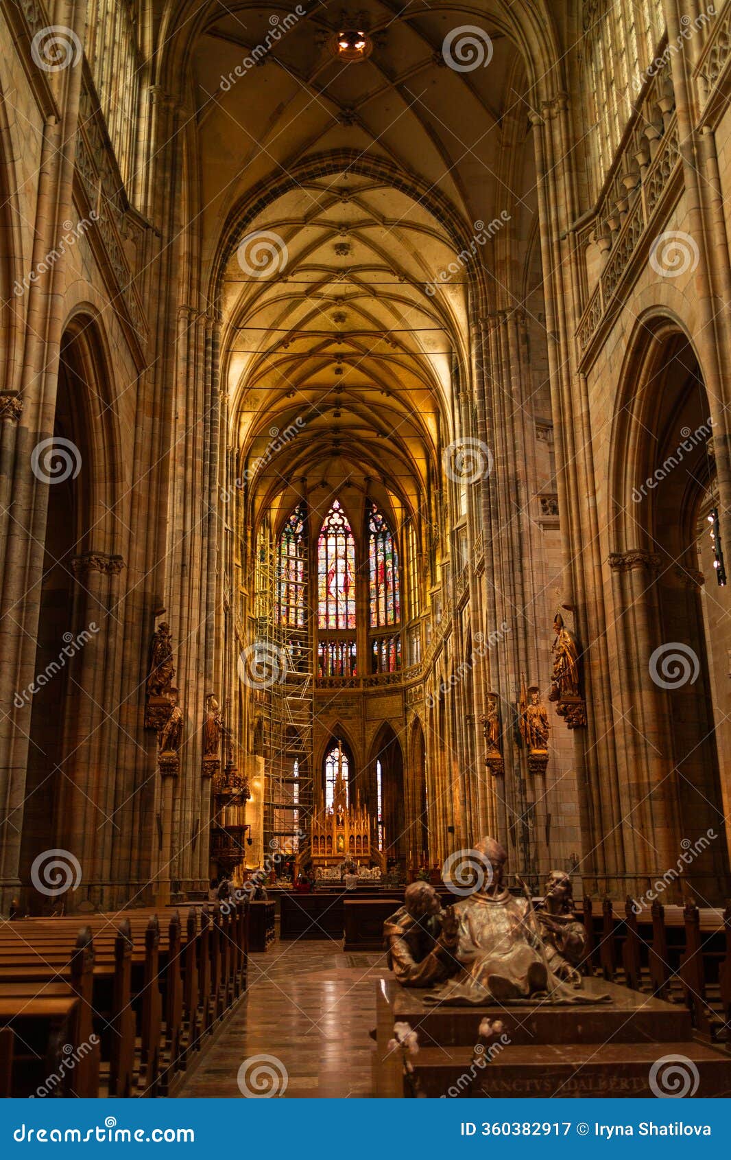 Interior of Gothic Cathedral Inside. Carved Pulpit, Stained-glass ...