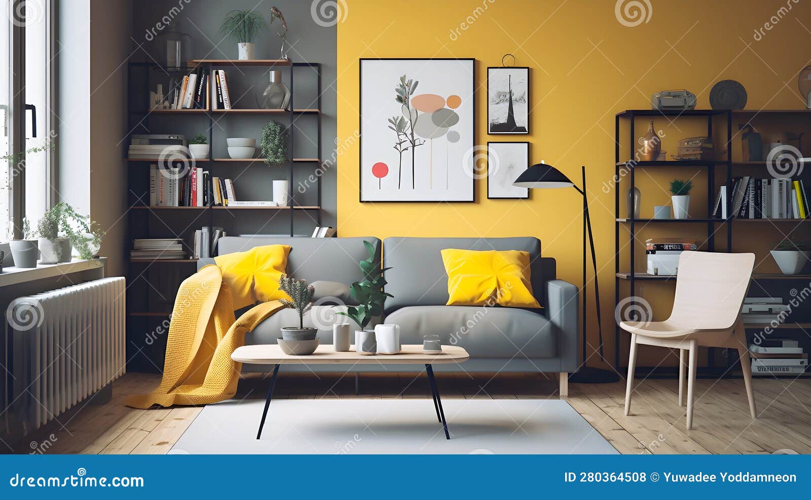 Interior of Gray and Yellow Modern Style Room Design with Sofa. with ...