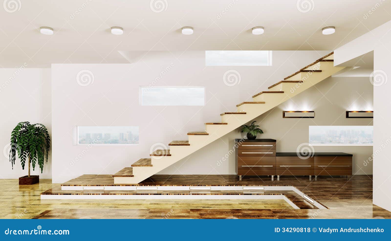 Interior of Hall with Staircase 3d Render Stock Illustration ...