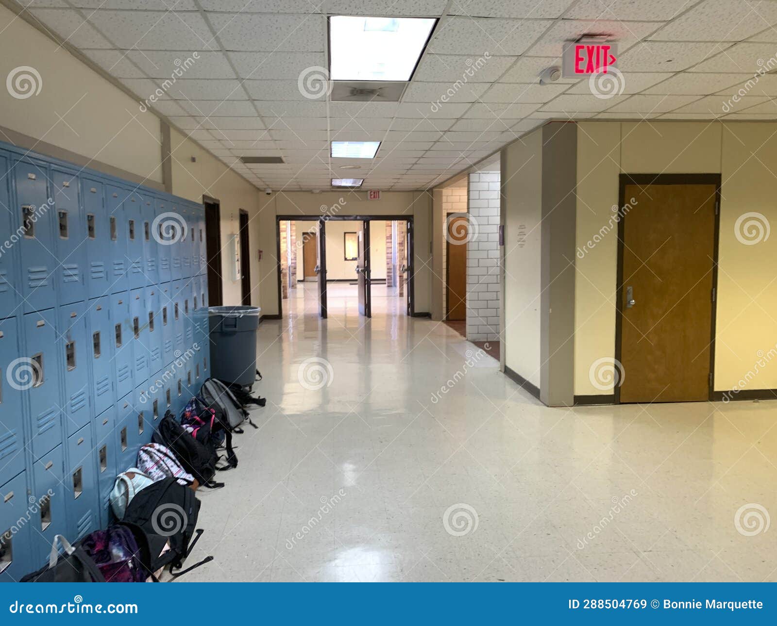 Interior of a High School with Backpacks. Stock Image - Image of school ...