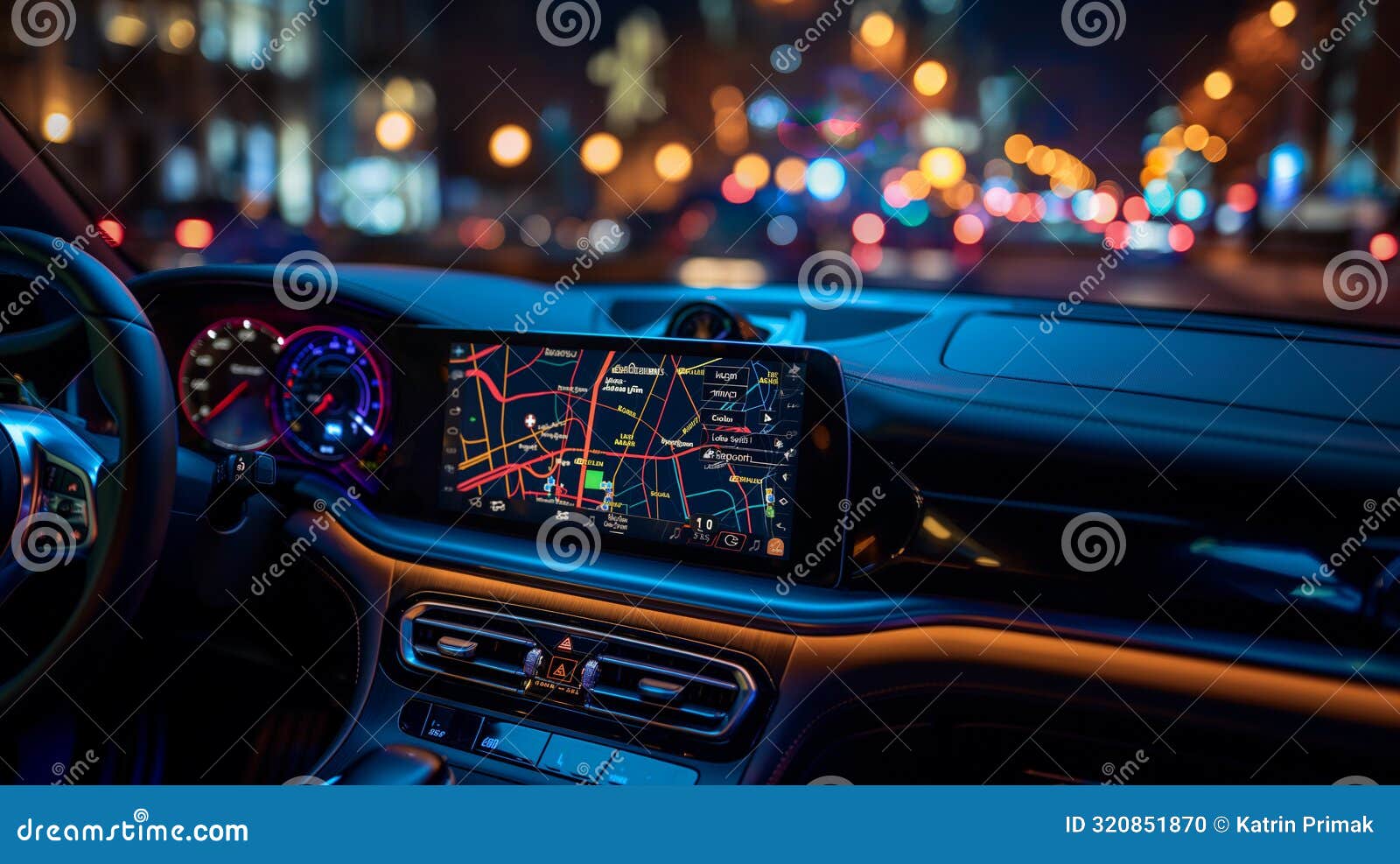 Interior of a High-tech Car with a Built-in Navigation System, Colorful ...