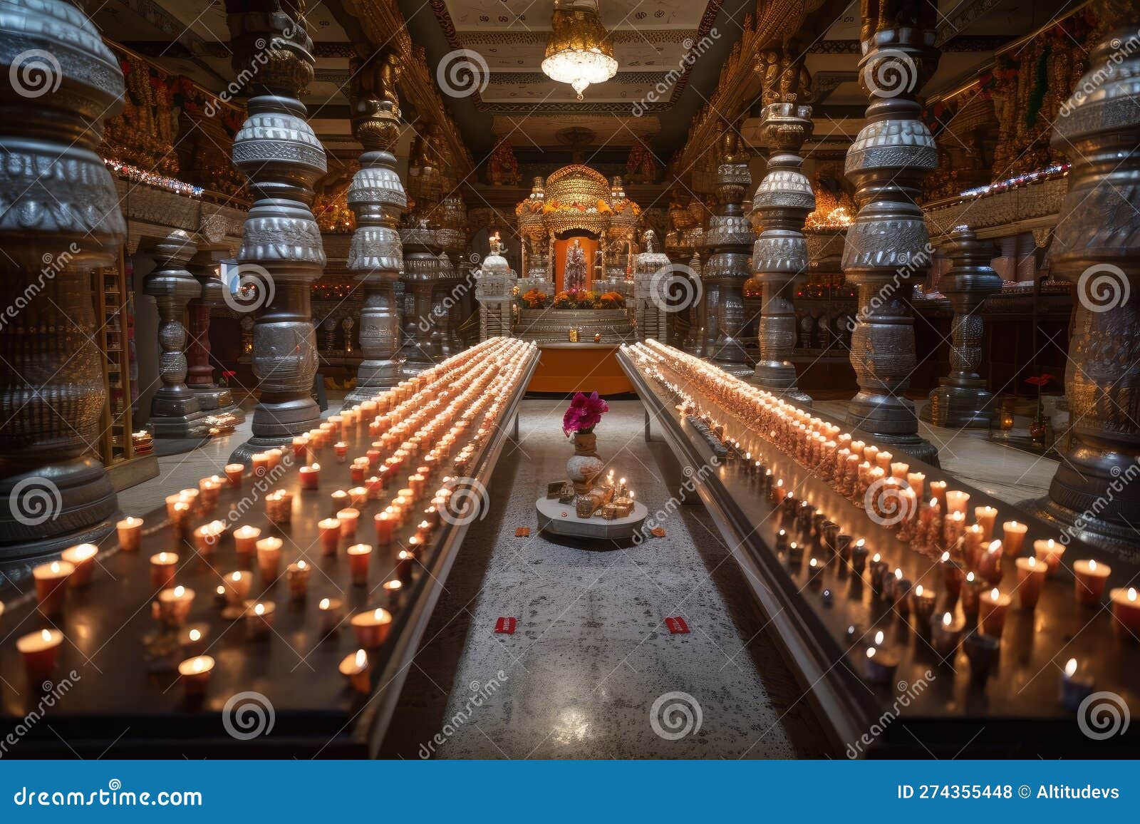 Interior of Hindu Temple, with Rows of Candles and Offering Bowls ...