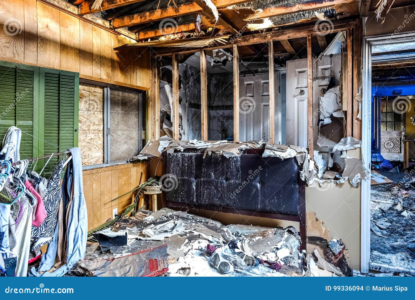 Fire Damaged Home stock photo. Image of house, planking - 99336094