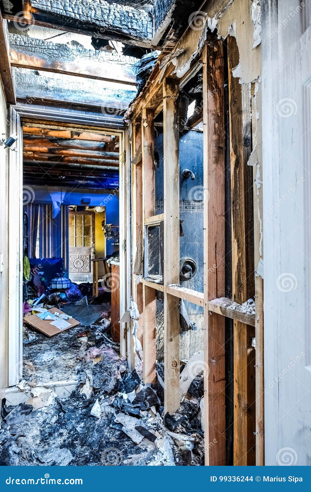 Fire Damaged Home stock photo. Image of planking, incomplete - 99336244