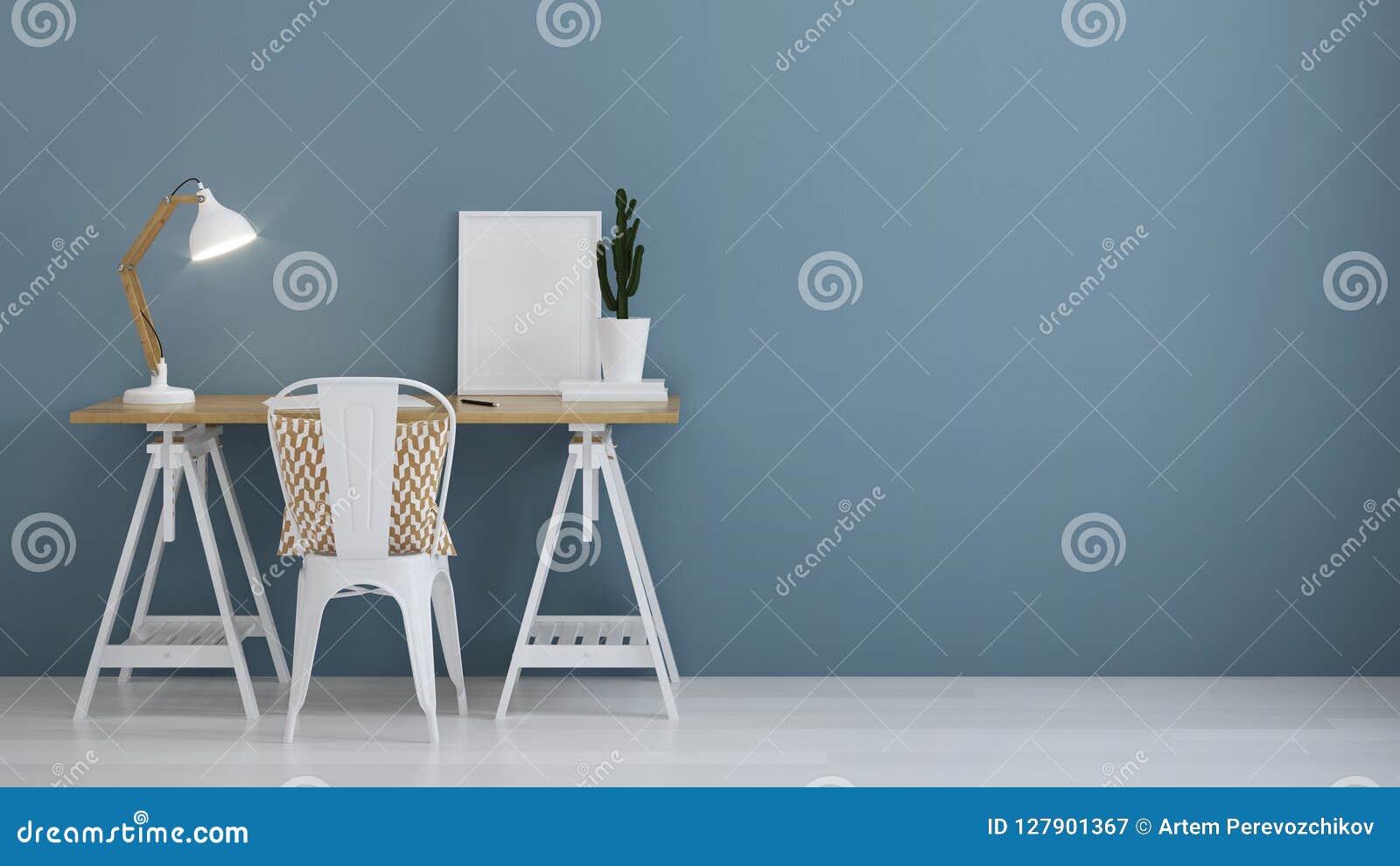 Interior of Home Workplace. Blue Wall Stock Image - Image of design ...
