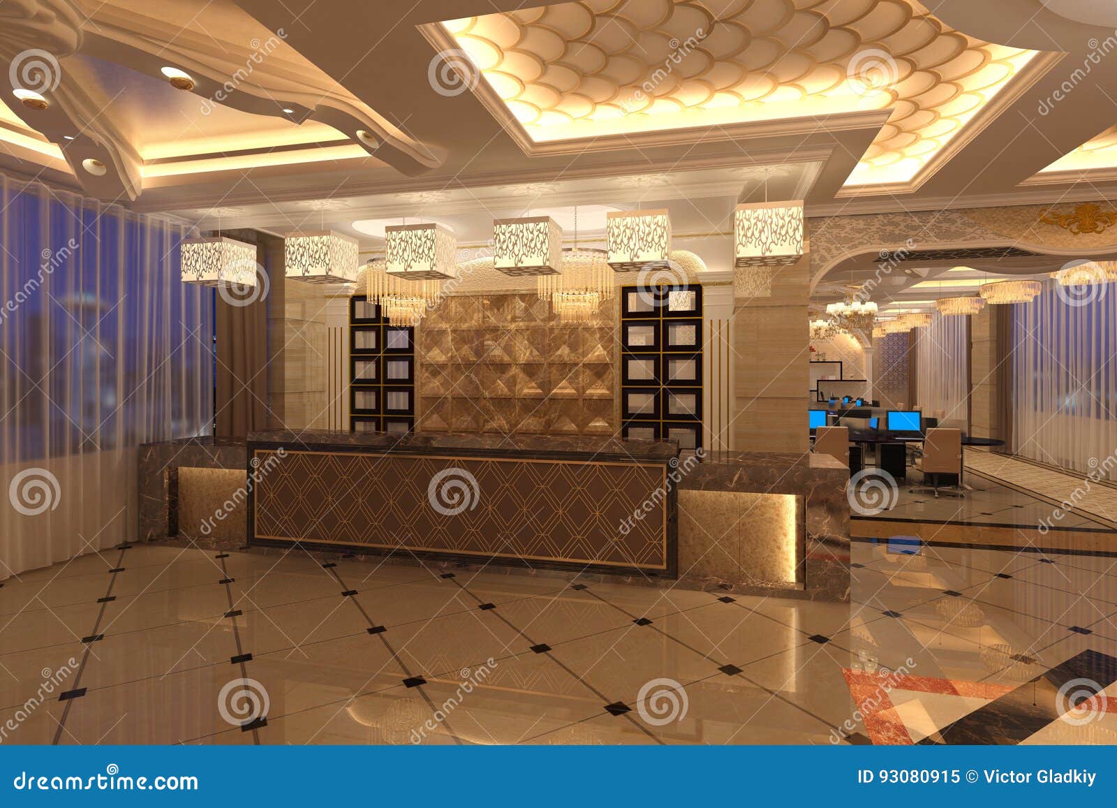 Interior of Hotel Reception Hall 3D Illustration Stock Illustration ...