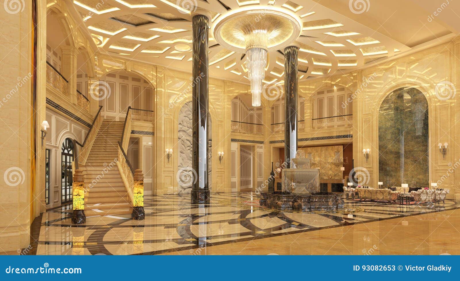 Interior of Hotel Reception Hall 3D Illustration Stock Illustration ...