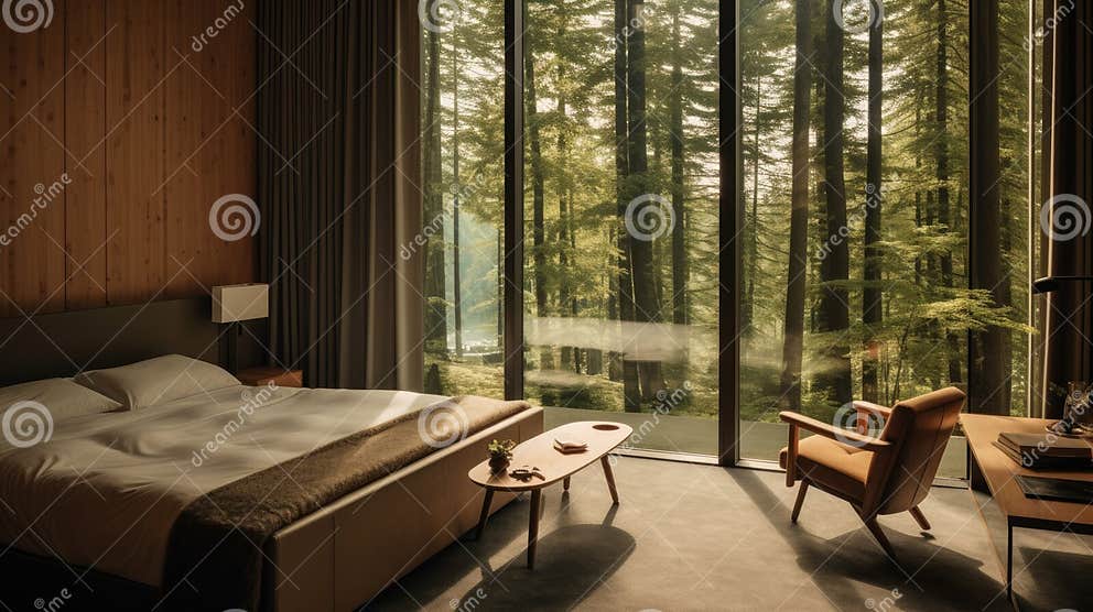 Interior of a Hotel Room with a Large Window Overlooking the Forest ...