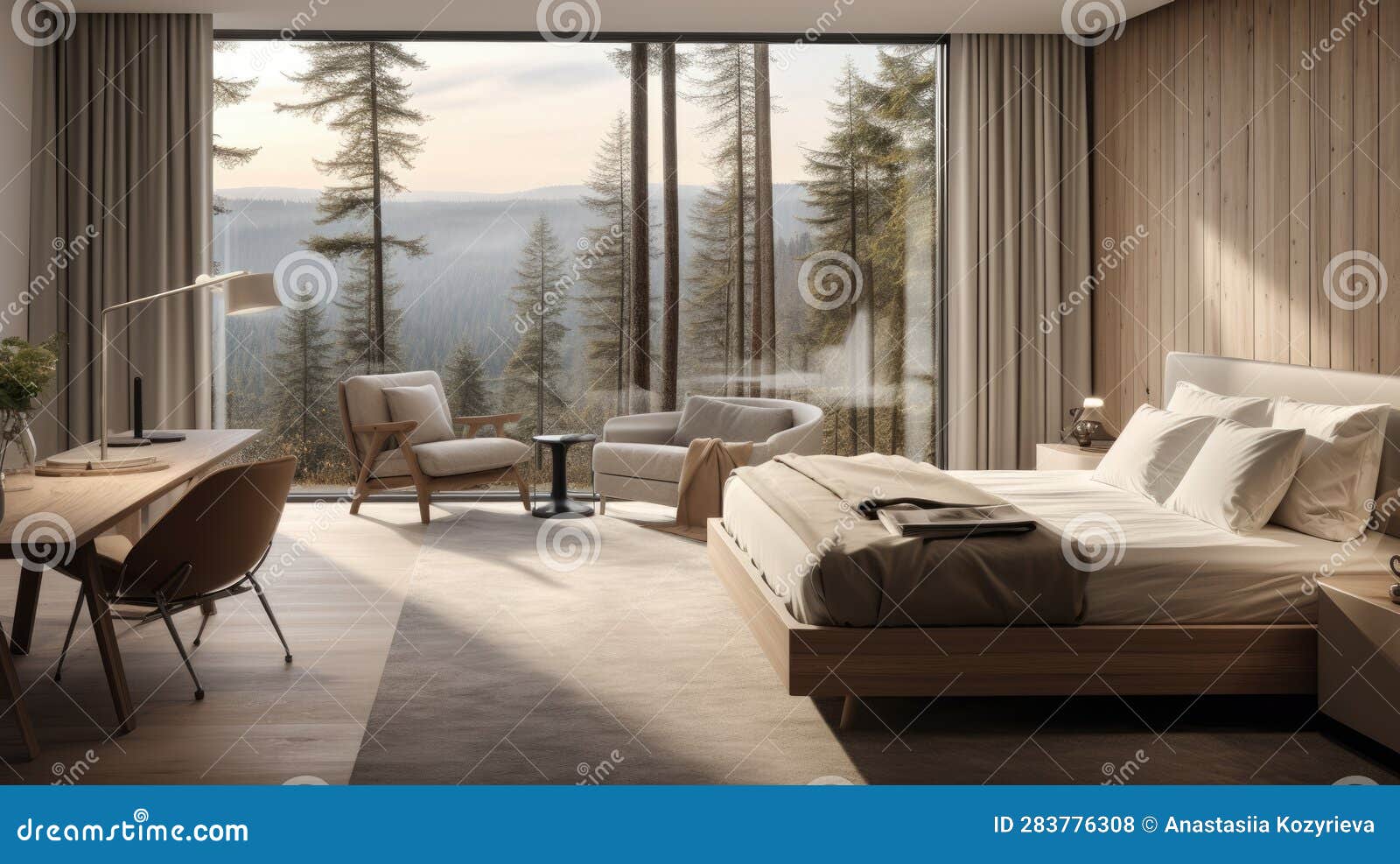 Interior of a Hotel Room with a Large Window Overlooking the Forest ...