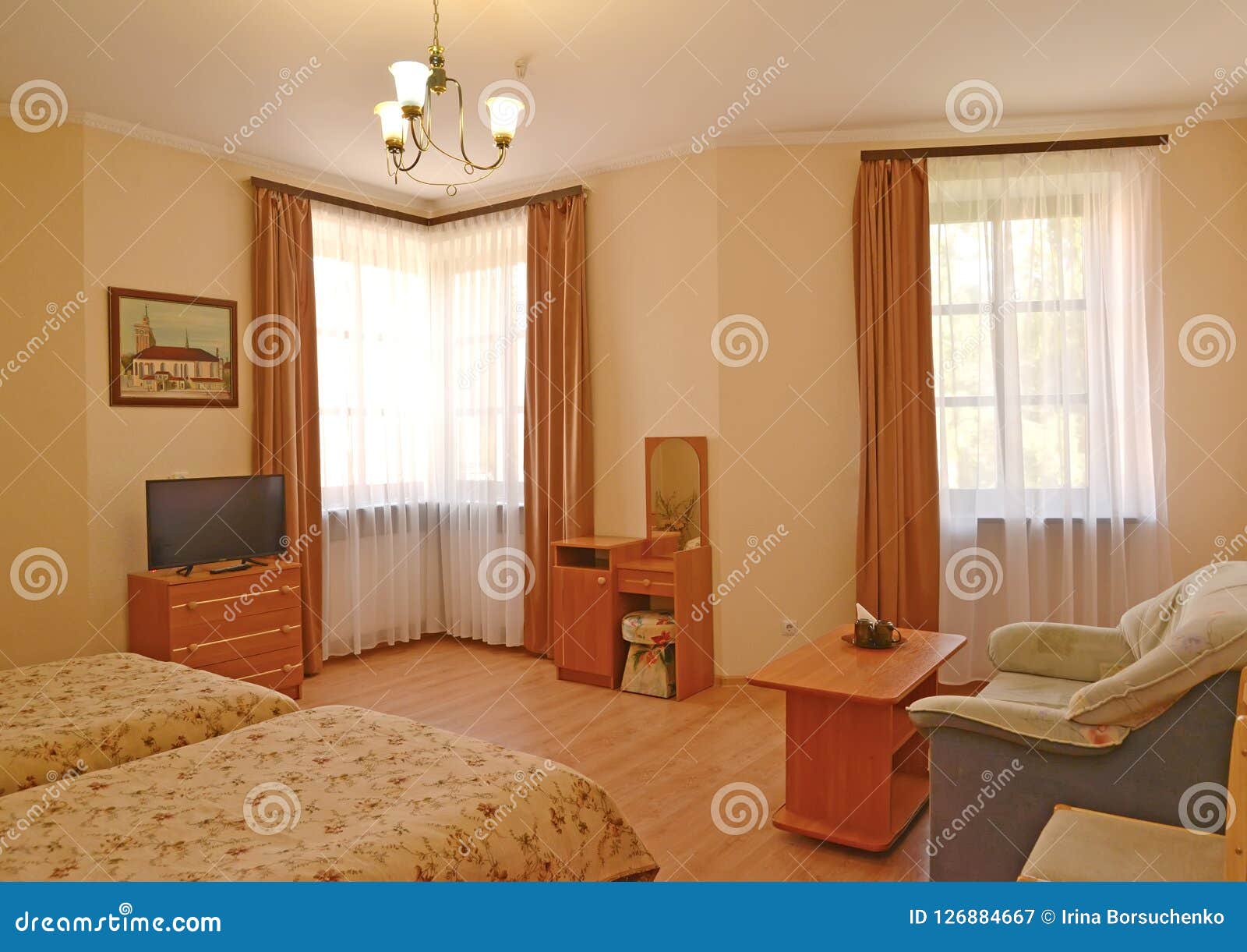 An Interior of the Hotel Room with Two Windows. Modern Classics Stock ...
