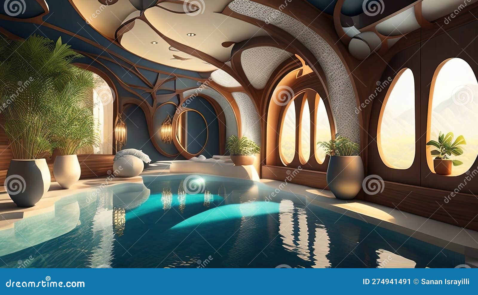 Interior of a Hotel Swimming Pool. 3D Rendering Stock Illustration ...