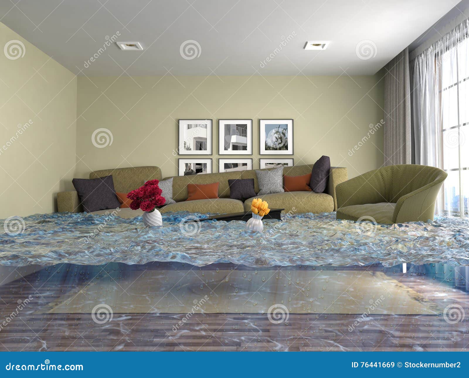 Interior of the House Flooded with Water. 3d Illustration Stock ...
