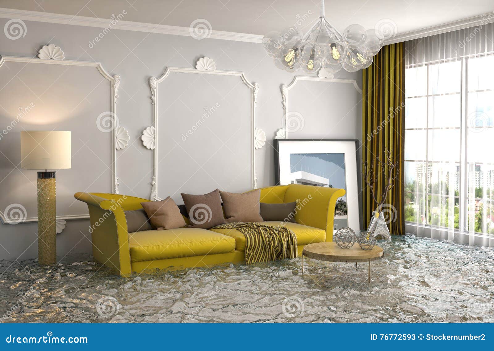Interior of the House Flooded with Water. 3d Illustration Stock ...